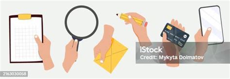 손 제스처 일러스트 세트입니다 캐릭터 손 엄지 손가락 치켜 올리기 악수 스마트 폰 연필 등을 들고 Brand Name Smart Phone에 대한 스톡 벡터 아트 및 기타