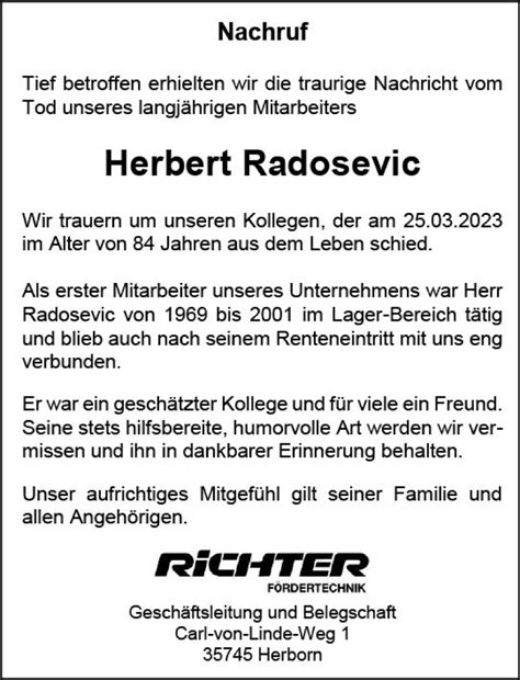 Traueranzeigen Von Herbert Radosevic Vrm Trauerde