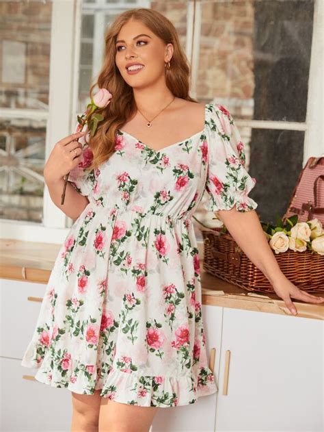 Shein Vcay Plus 1 Pc Floral Print Sweetheart Neck Puff Sleeve Ruffle