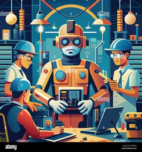 A Futuristic Robot Stands Amidst Three Engineers Showcasing Its