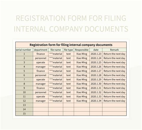 Registration Form For Filing Internal Company Documents Excel Template