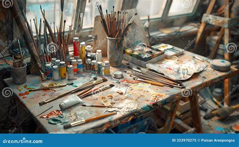 Illustrate A Cluttered Artists Workspace From A Dynamic Tilted