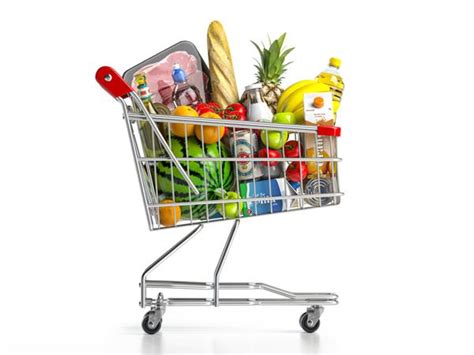 مجموعه سبد خرید پر از غذا در زمینه سفید مفهوم فروشگاه مواد غذایی و مواد