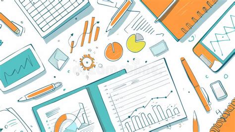 Business Charts And Graphs With Orange And Blue Stationery On A Desk