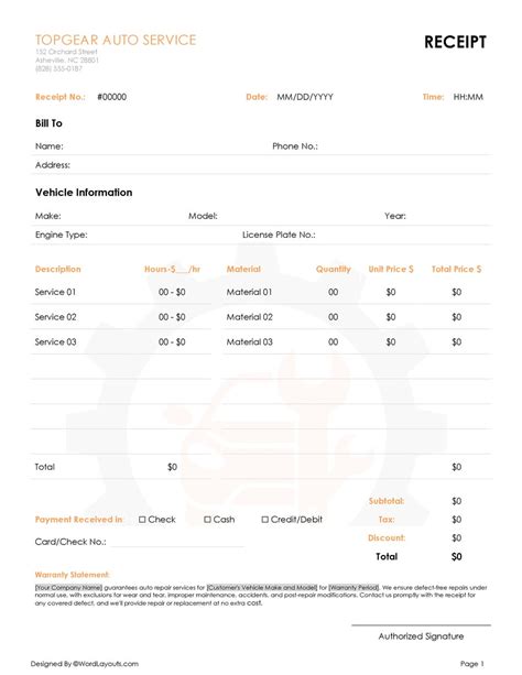 Mastercraft Auto Repair Receipt Template Wordlayouts