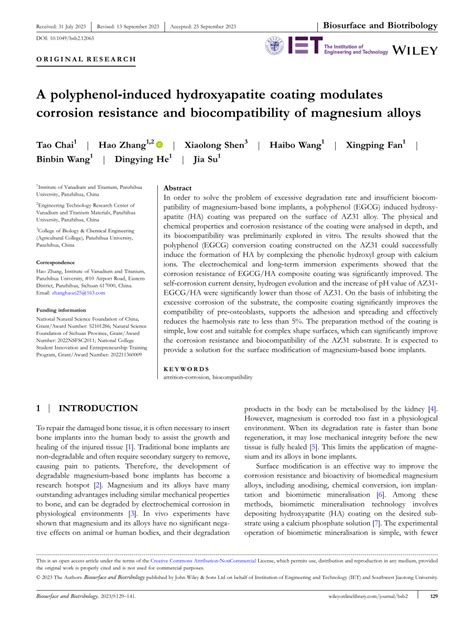 Pdf A Polyphenol‐induced Hydroxyapatite Coating Modulates Corrosion