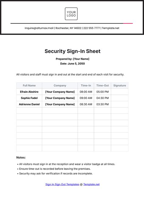 Free Security Sign In Sheet Template To Edit Online