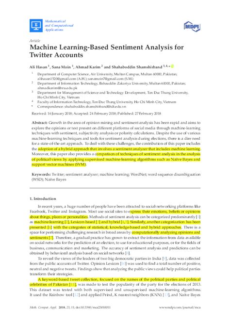 Pdf Mathematical And Computational Applications Machine Learning