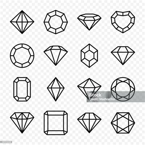 벡터 플랫 단순 미니멀 선형 흑백 보석 아이콘 세트 다이아몬드 크리스탈 모조 다이아몬드 근접 촬영 절연 보석 개념 디자인 템플릿의 보석 보석 클립아트 상단 전면 View