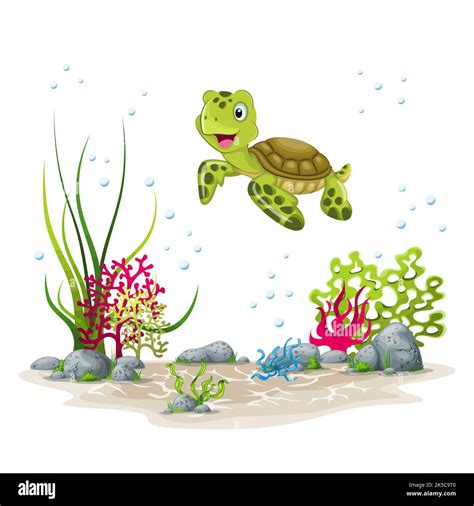 Illustration Of An Underwater Landscape With Turtle And Plants Stock