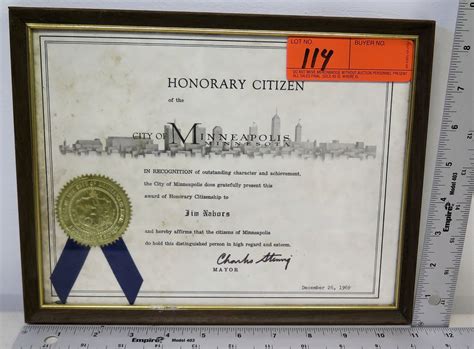 Framed Honorary Citizen Award To Jim Nabors From City Of Minneapolis