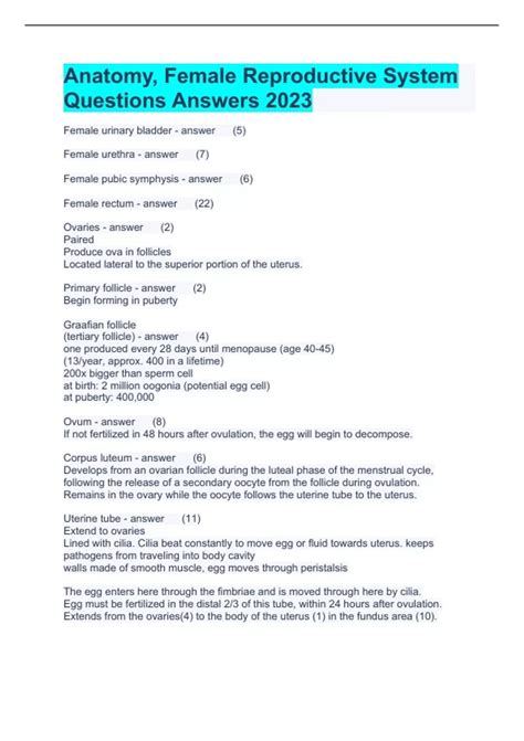 Anatomy Female Reproductive System Questions Answers Female