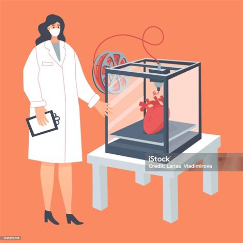 의사는 3d 프린터로 내부 장기를 만듭니다 의학의 미래 벡터 손 그려진 설명 심장 인쇄 이식 수술 기술 생명을 구하십시오 3d