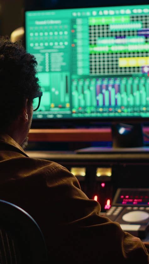 Vertical African American Music Producer Mixing And Mastering Tracks On Audio Console Twisting