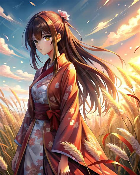 Beautiful Elegant Anime Girl In Traditional Kimono Illustration