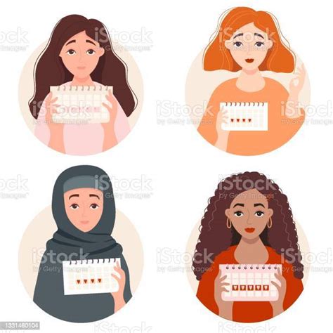 소녀는 달력을 본다 손에 여성 생리 주기 달력다른 민족 아름다운 여자의 세트 벡터 그림입니다 여성 건강 개념 건강관리와 의술에