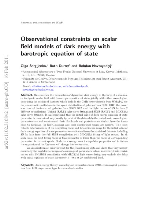 Pdf Observational Constraints On Scalar Field Models Of Dark Energy With Barotropic Equation