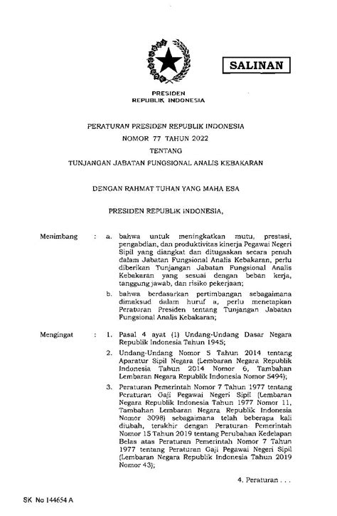 Peraturan Presiden No 77 Tahun 2022 Tentang Tunjangan Jabatan