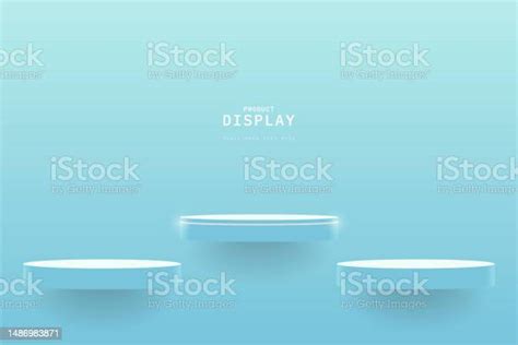 파란색 사실적인 3d 실린더 연단이 떠 있거나 벽에 매달려 있는 파란색 최소 벽 장면 제품 디스플레이 프리젠테이션 또는 모형을