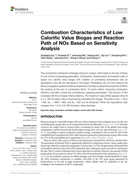 Pdf Combustion Characteristics Of Low Calorific Value Biogas And Reaction Path Of Nox Based On