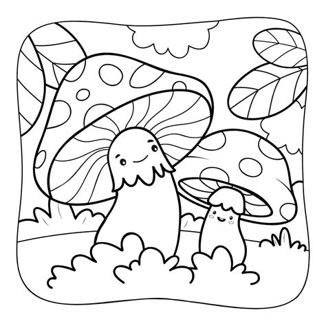 버섯 흑백 색칠하기 책 또는 아이들을 위한 색칠 공부 페이지 자연 배경 프리미엄 벡터