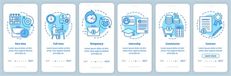 작업 유형 파란색 온보딩 모바일 앱 페이지 화면 선형 개념 파트 타임 임시 인턴십 연습 단계 그래픽 지침 Ux Ui 그림이 있는 Gui 벡터 템플릿 6에 대한 스톡 벡터