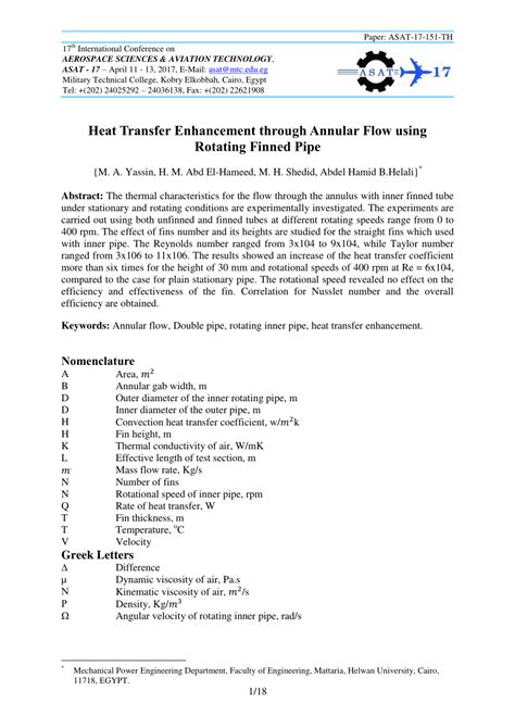 Pdf Heat Transfer Enhancement Through Annular Flow Using Rotating Finned Pipe