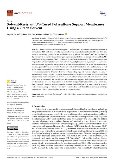Pdf Solvent Resistant Uv Cured Polysulfone Support Membranes Using A