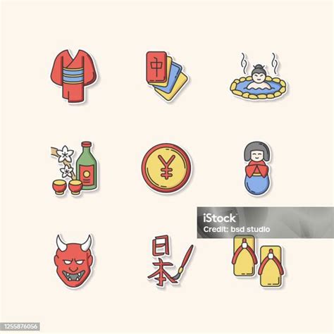 일본 인쇄 가능한 패치 유카타 기모노 마작 게임 온천 사케 쌀 와인 엔 코인 전통적인 일본어 속성 Rgb 색상 스티커 핀 및 배지 세트 벡터 격리 된 그림입니다 Noh