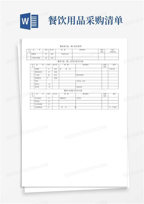 餐饮用品采购清单Word模板下载 编号lkdbxmzn 熊猫办公