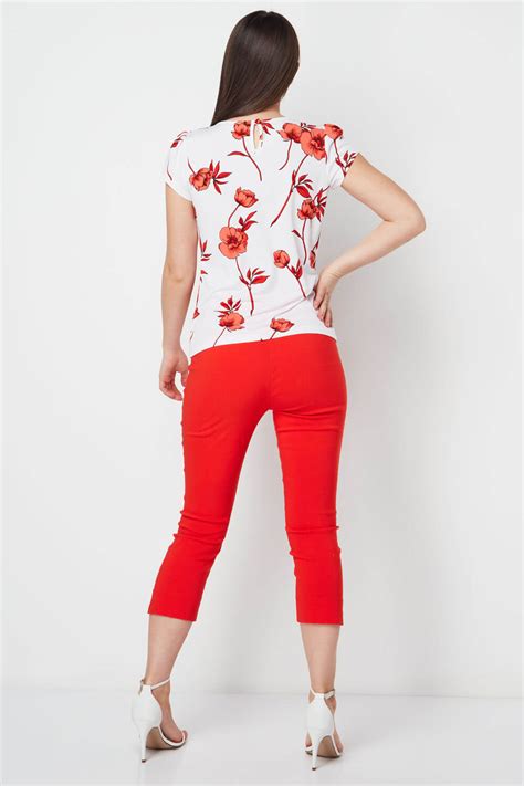 Floral Print Pleated Neck Top In Red Roman Originals Uk