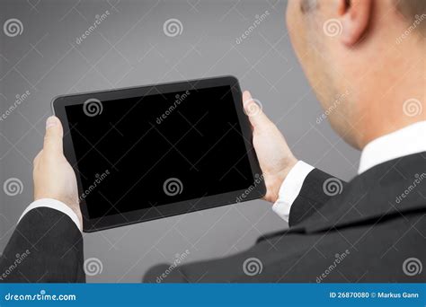 Business Man Reading Tablet Pc Stock Photo Image Of Holding Happy