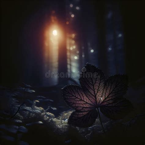Close Up Of A Leaf With A Glowing Translucent Texture In A Dark Forest With Warm Light Stock