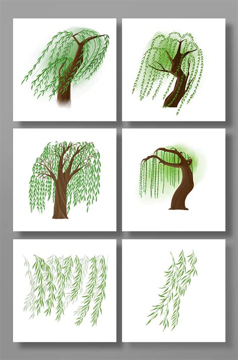 手绘卡通绿色春天柳树柳叶垂柳插画元素