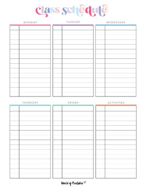 Class Schedule Templates World Of Printables