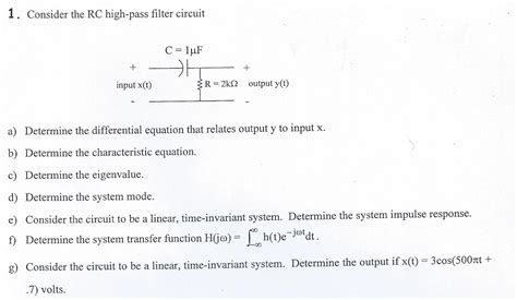 Consider The Rc High Pass Filter Circuit Determine