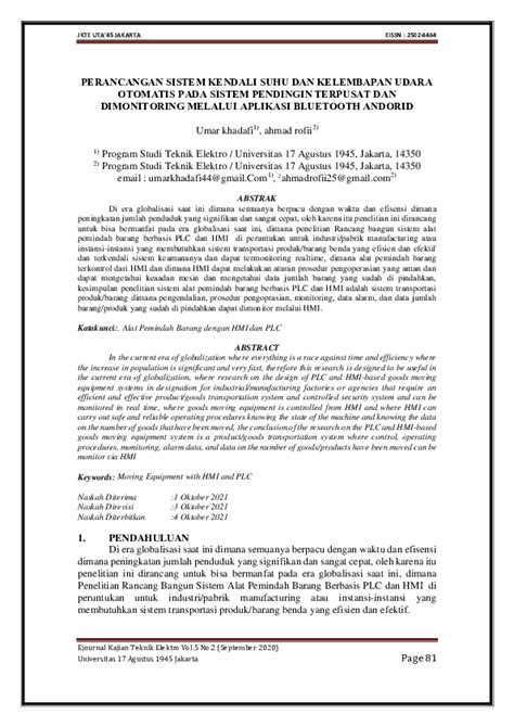 Pdf Rancang Bangun Sistem Alat Pemindah Barang Berbasis Plc Dan Hmi
