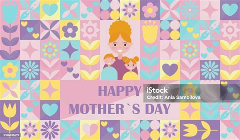 어머니의 날 축제 배너입니다 아이들과 함께 행복한 엄마 스칸디나비아 모자이크 꽃무늬 봄 모던한 패턴입니다 브루탈리즘 미니멀 기하학적 디자인 벡터 일러스트 레이 션 가족에