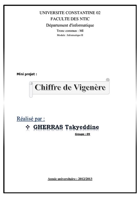 Pdf Chiffre De Vigenère