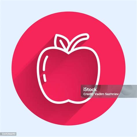 긴 그림자로 격리 된 화이트 라인 애플 아이콘 잎 기호와 과일 빨간색 원 버튼입니다 벡터 일러스트레이션 0명에 대한 스톡 벡터
