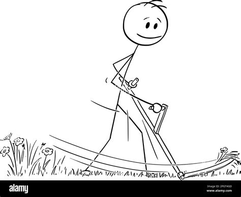 Mowing Grass On Meadow With Scythe Vector Cartoon Stick Figure Or