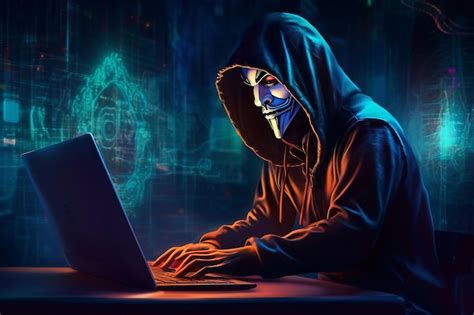 Premium Ai Image A Man With A Mask On His Face Working On A Laptop