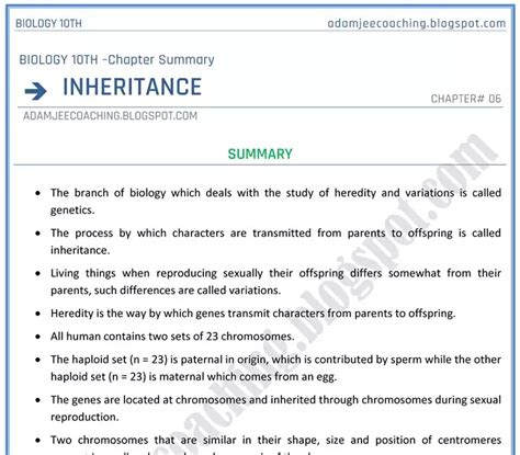 Adamjee Coaching Inheritance Chapter Summary Biology 10th