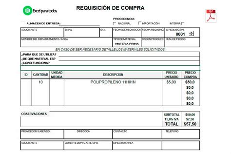 Formato de Requisición de compra en Excel para llenar