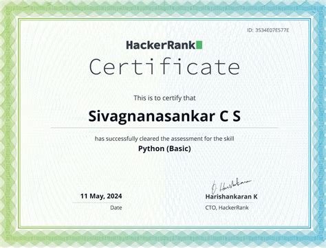earned hackerrank python basics certification sivagnanasankar c s