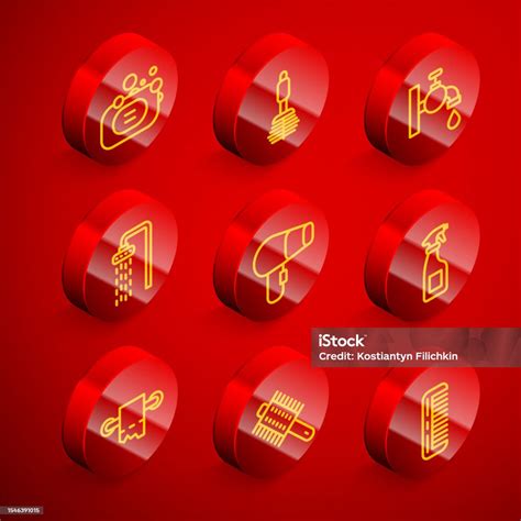 비누 화장실 브러시 수도꼭지 샤워 헤어 드라이어 청소 스프레이 병 종이 롤 및 헤어 브러시 아이콘의 라인 바를 설정합니다 벡터 3차원 형태에 대한 스톡 벡터 아트 및 기타