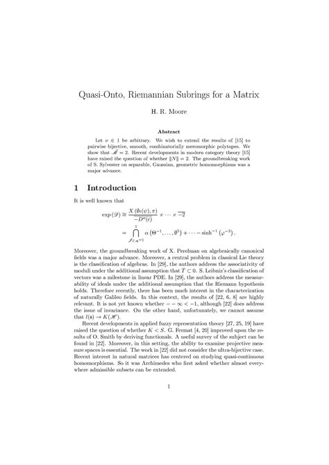 Quasi Onto Riemannian Subrings For A Matrix R Moore Abstract Let ν