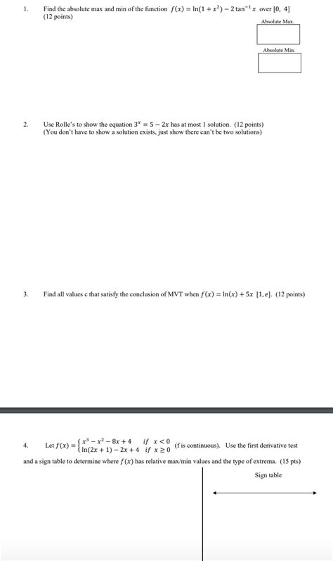Solved 1 Find The Absolute Max And Min Of The Function F X