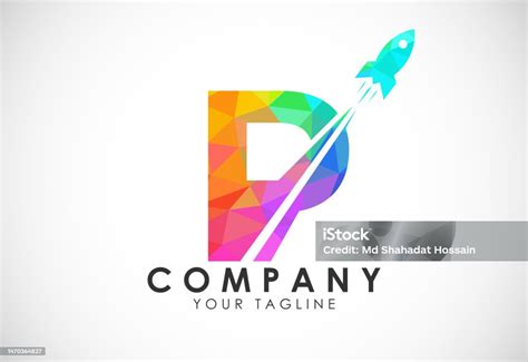로켓 로고 디자인이 있는 다각형 알파벳 P 로켓 아이콘입니다 낮은 폴리 그래픽 알파벳 기호 개념에 대한 스톡 벡터 아트 및 기타