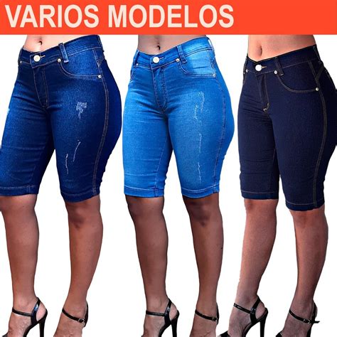 Kit Bermuda Jeans Feminina Ciclista ATE O JOSELHO Short Jeans Cintura Alta Lycra